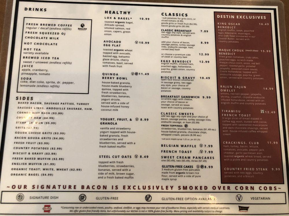 Menu at Crackings restaurant, Destin