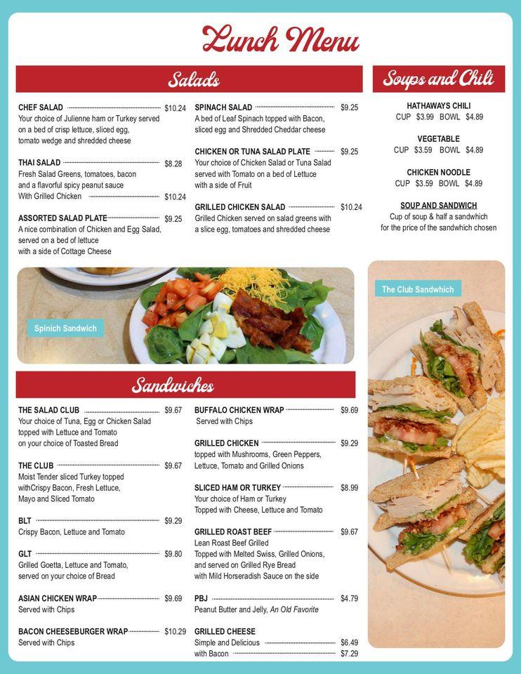 Menu at Hathaway's Diner restaurant, Cincinnati