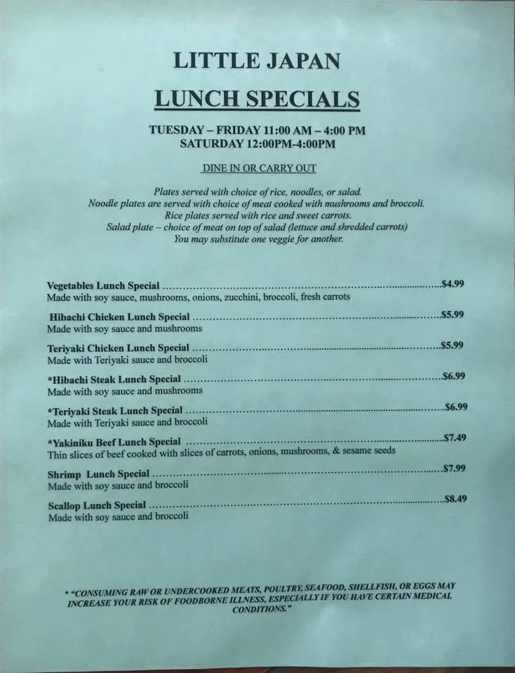 Menu at Little Japan restaurant, Royston