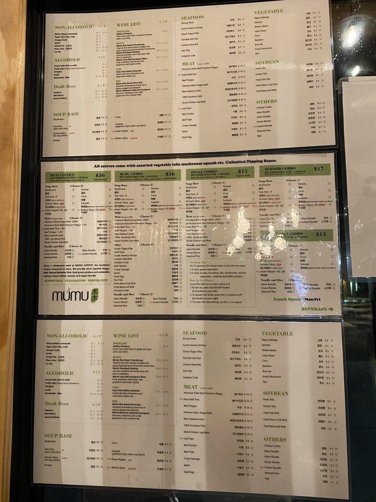 Menu at Mumu Hot Pot restaurant, Foster City