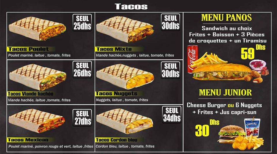 Menu at Panos restaurant, Rabat