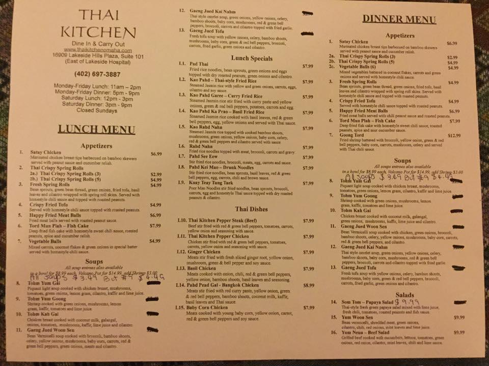 Menu at Thai Kitchen restaurant, Omaha