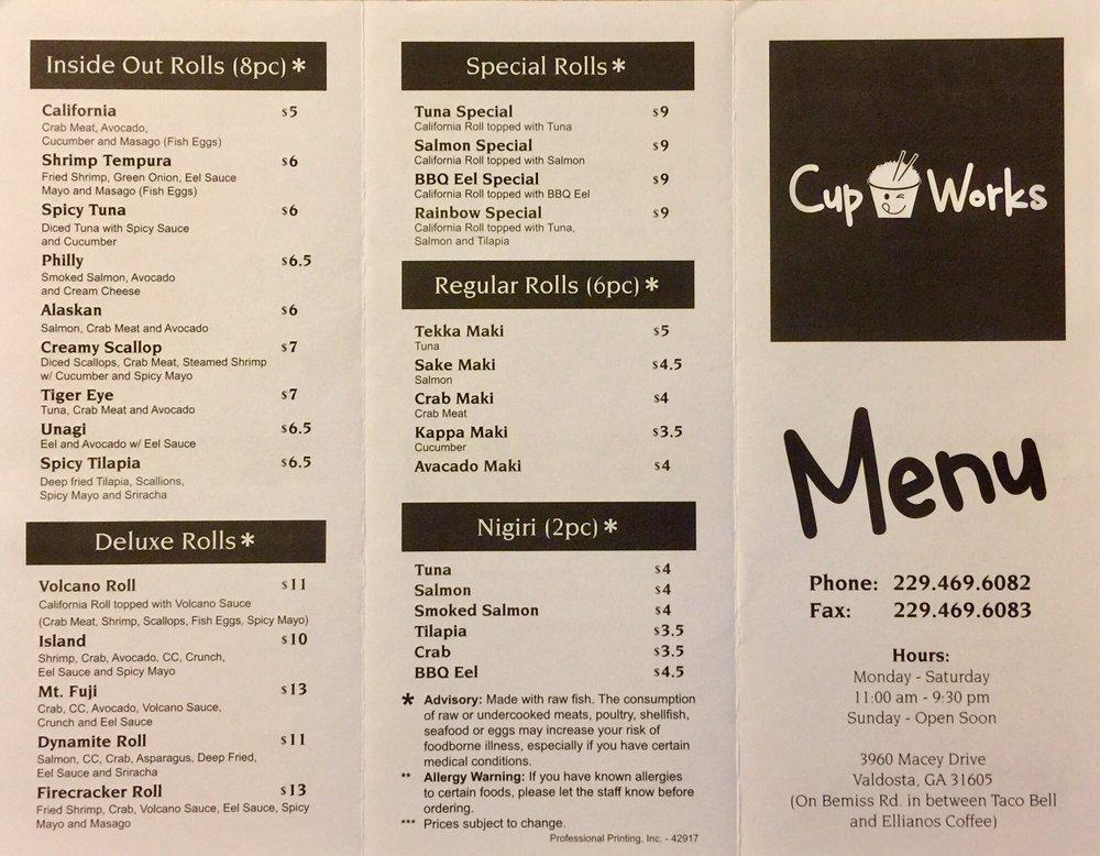 Menu at Cup Works restaurant, Valdosta