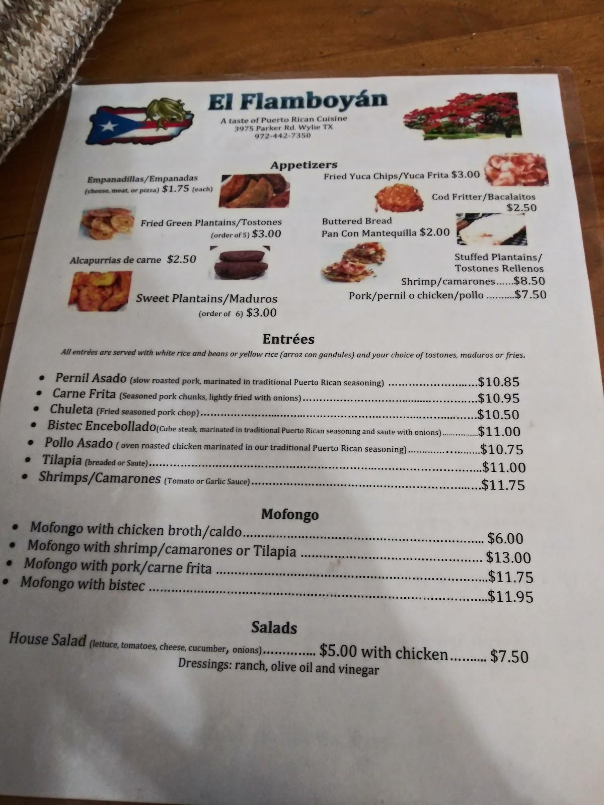 Menu at El Flamboyan, Puerto Rican Restaurant, Wylie