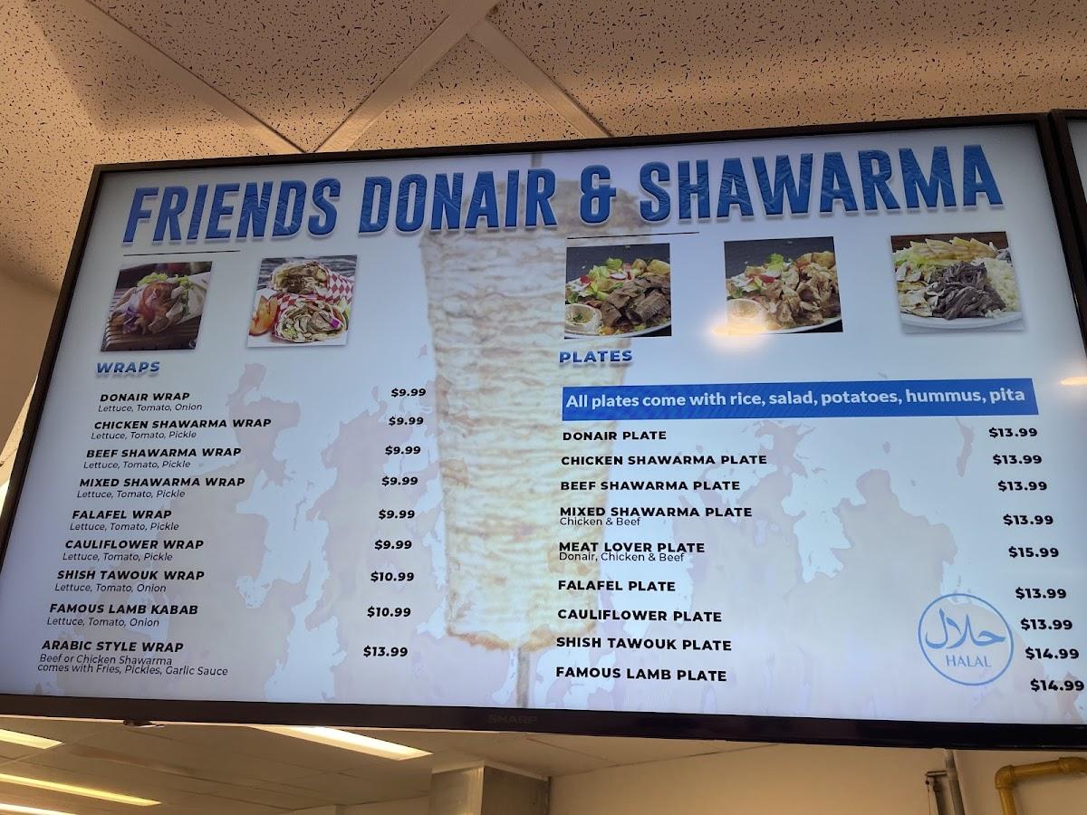Menu au Friends Donair and Shawarma restaurant, Winnipeg