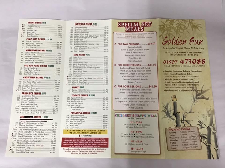 Menu at The Golden Sun pub & bar, Mablethorpe