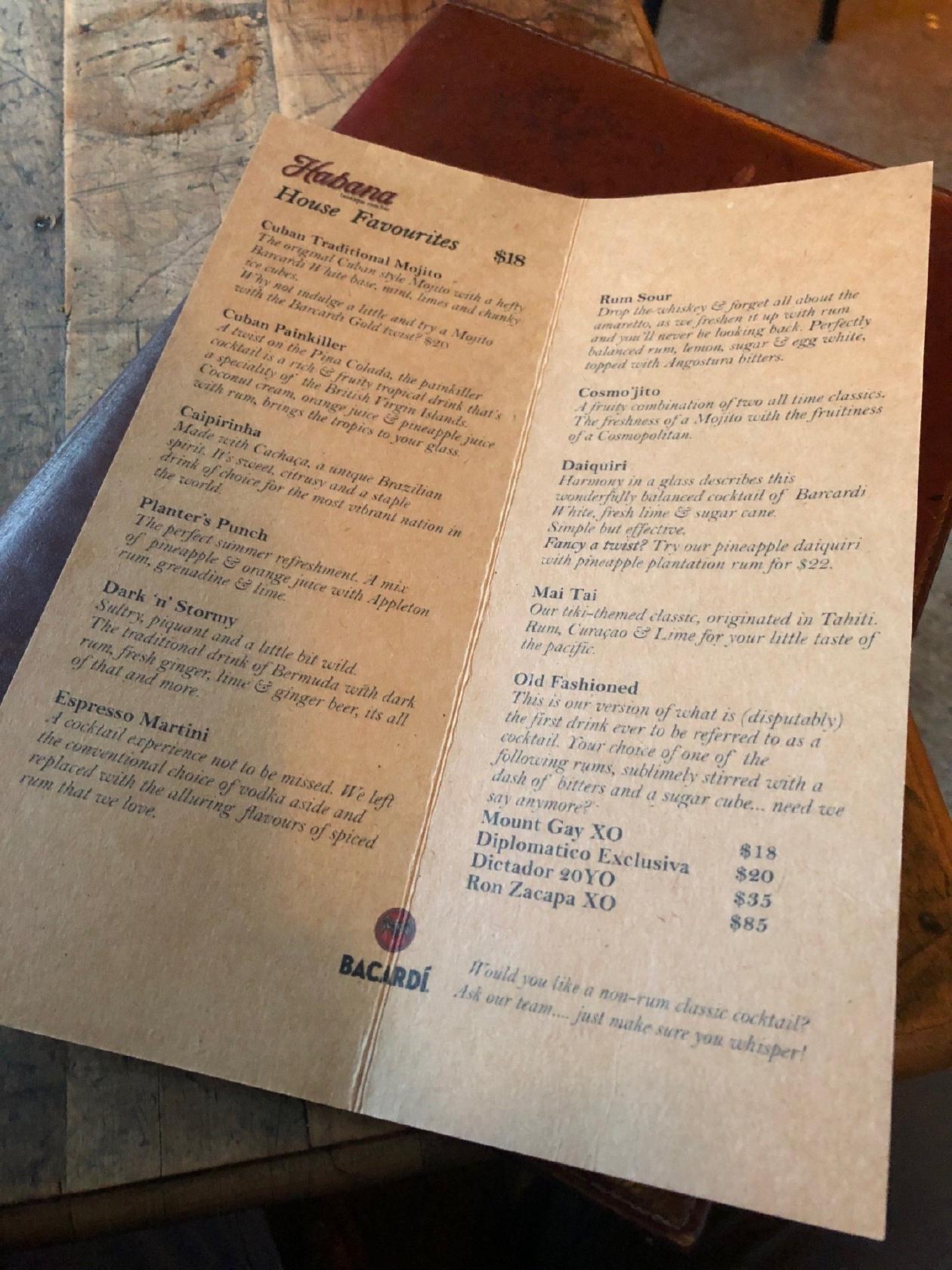 Menu at Habana Boutique Rum Bar, Queenstown