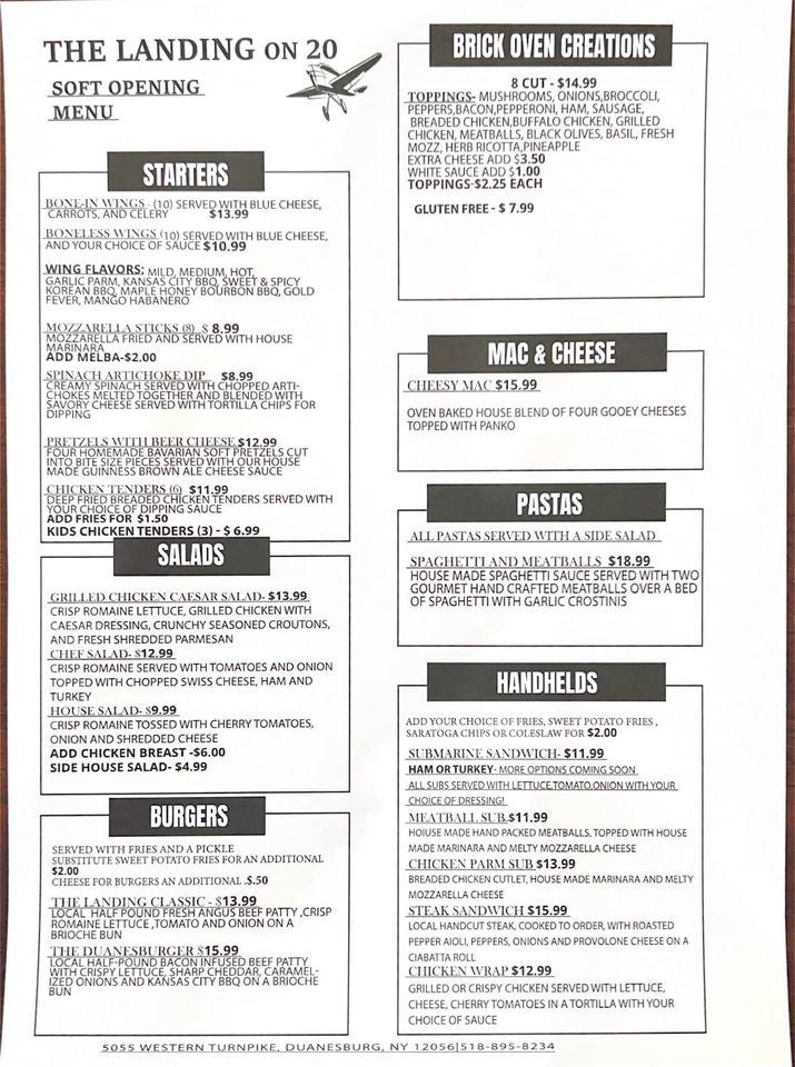 Menu at The Landing On 20 pub & bar, Duanesburg