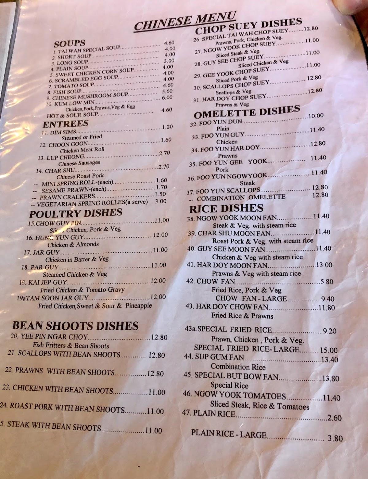 Menu at Tai Wah fast food, Mentone