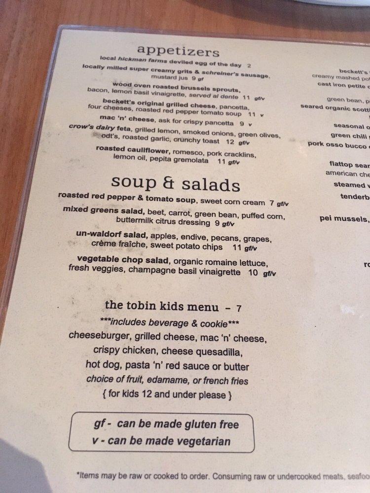 Menu at Beckett's Table restaurant, Phoenix