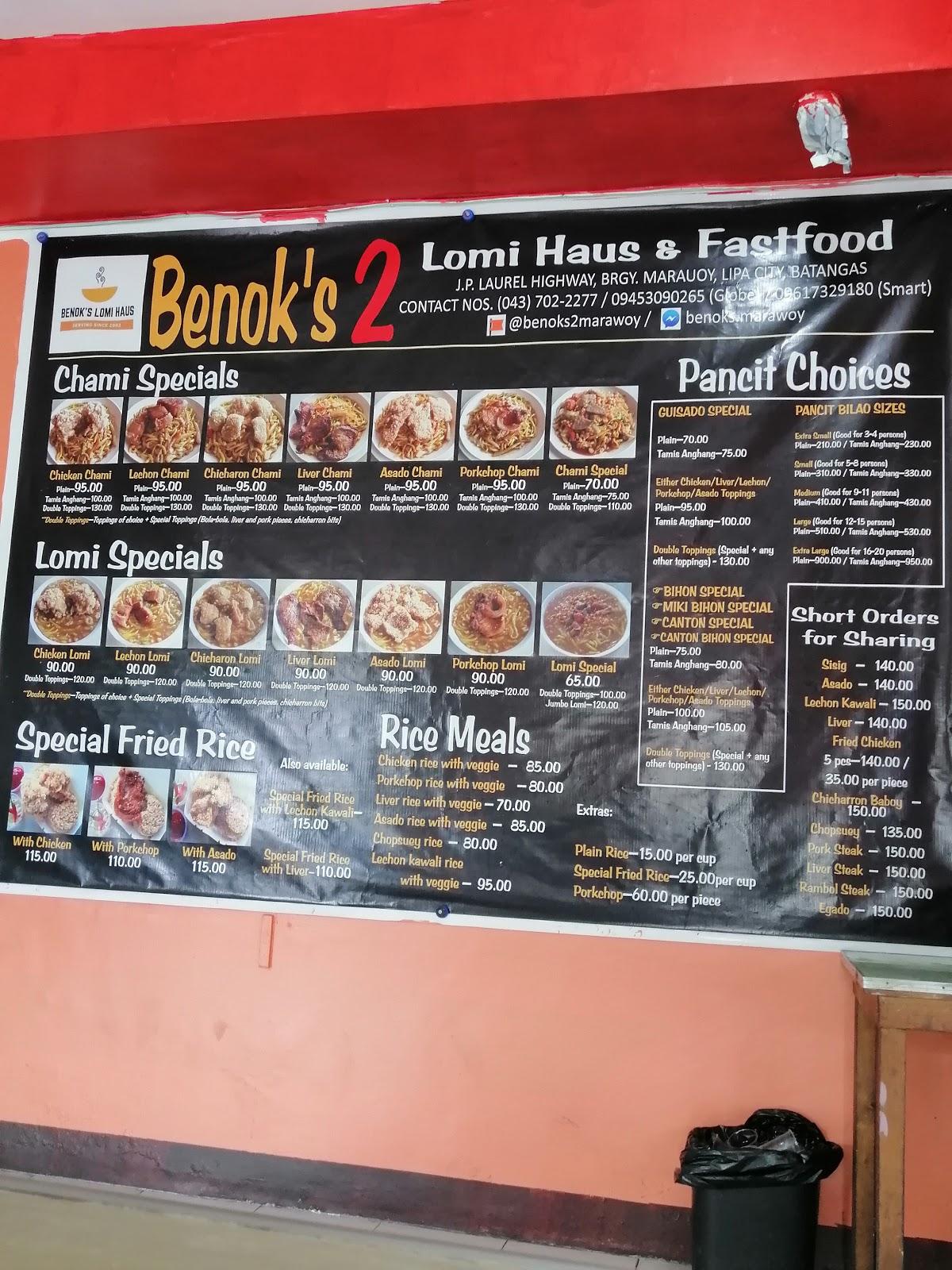 Menu at Benoks Lomi Haus restaurant, Lipa