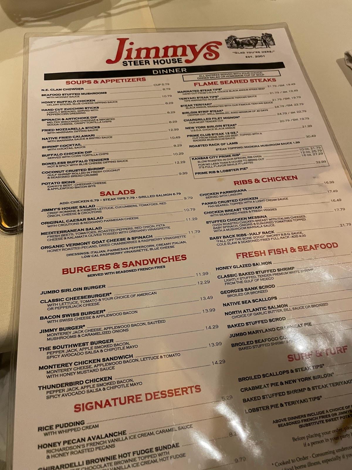 Menu at Jimmy's Steer House steakhouse, Saugus, 114 Broadway