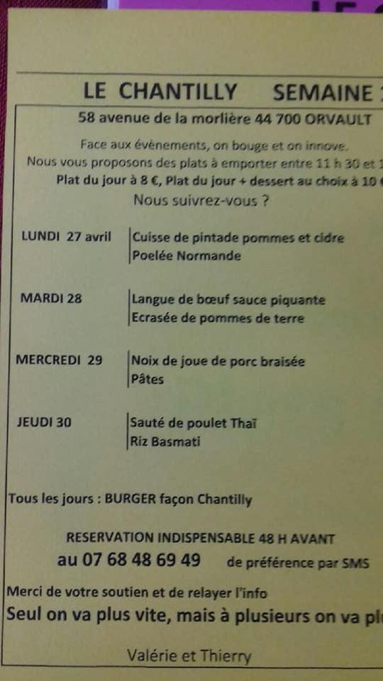 Menu at Le Chantilly restaurant, Orvault