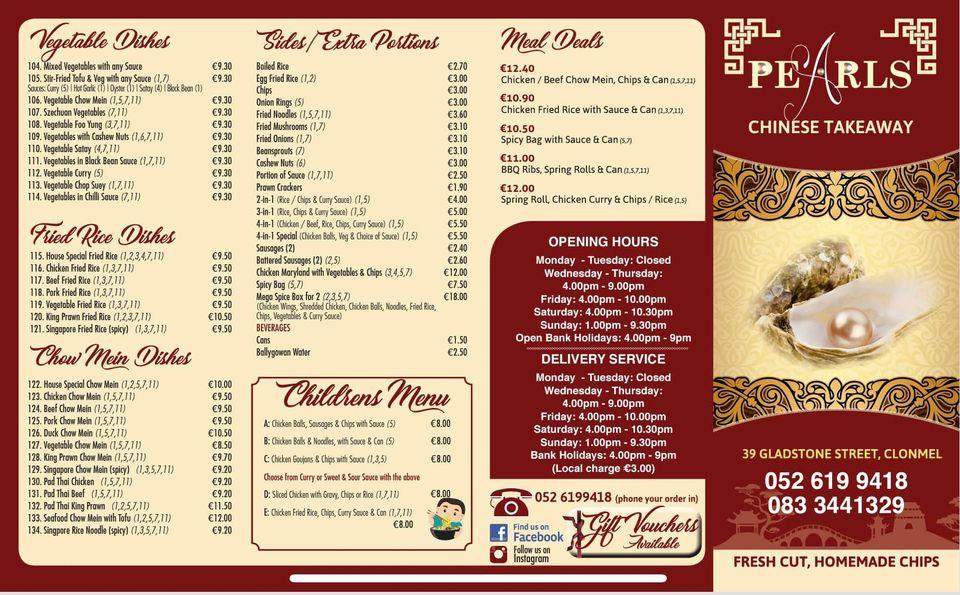 Menu at Pearls Chinese Restaurant, Clonmel