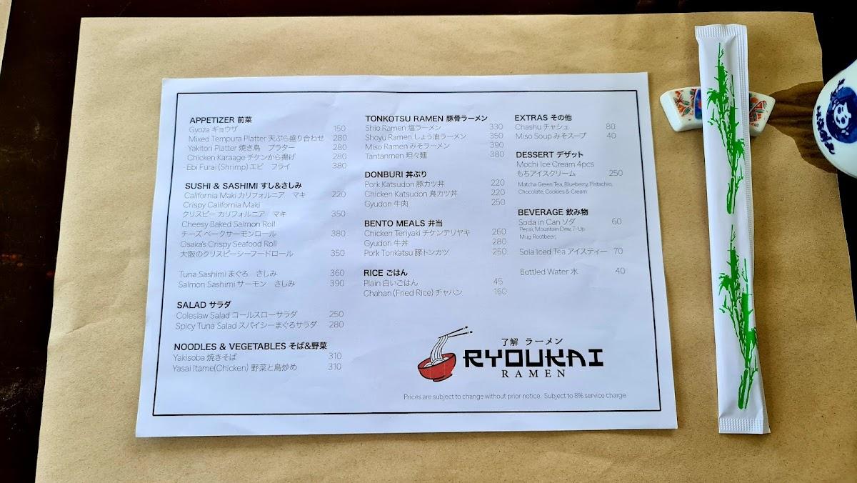 Carta del restaurante Ryoukai Ramen, Silang