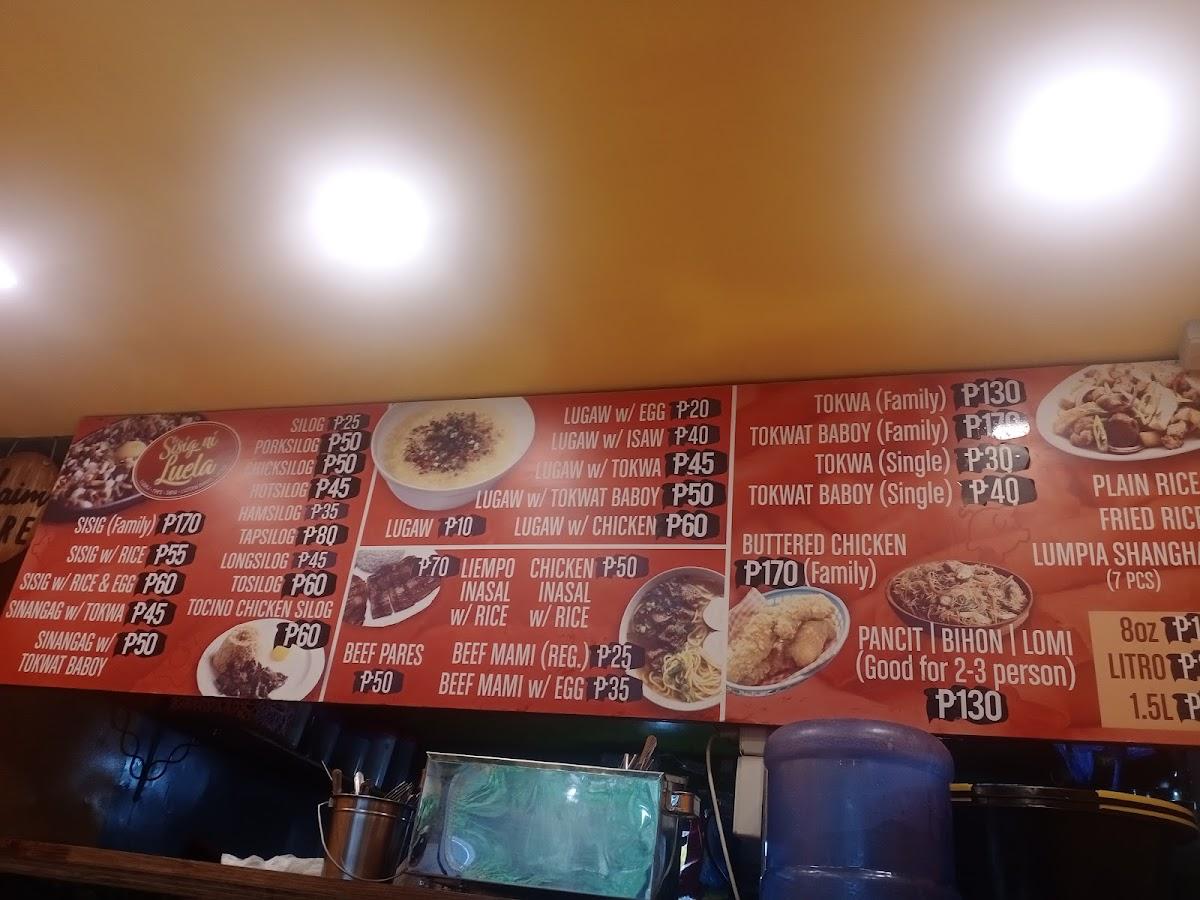 Menu at Sisig Ni Luela restaurant, Paracale