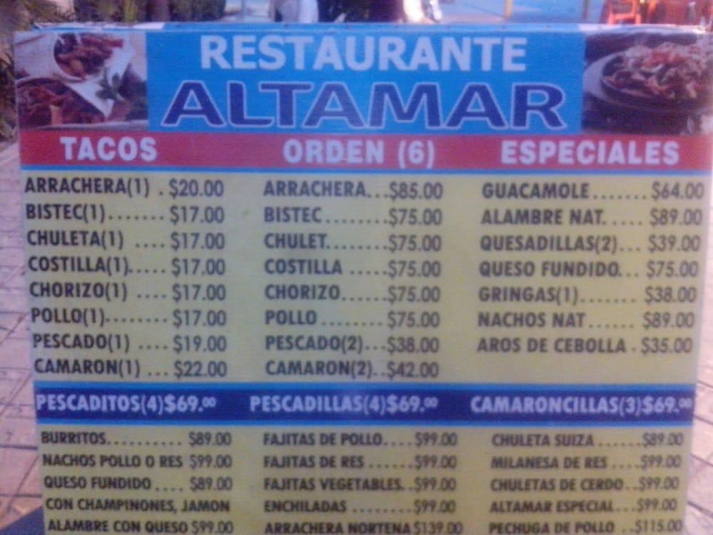 Menu at Altamar Bar and Restaurant, Cancún