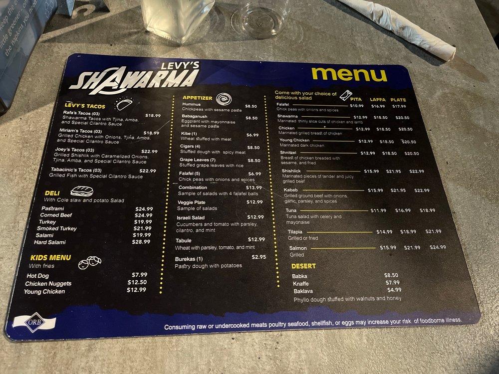 Menu at Levy’s Shawarma restaurant, Aventura