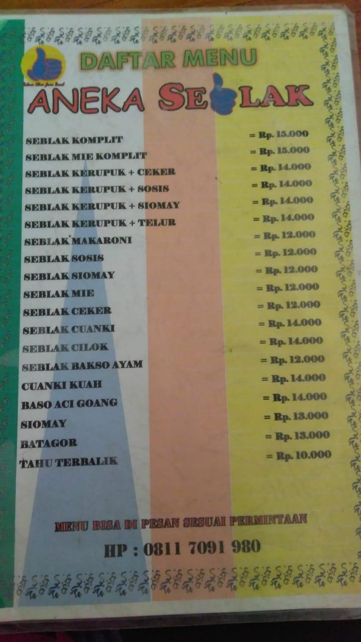 Menu at Aneka Seblak Bandung restaurant, Batam