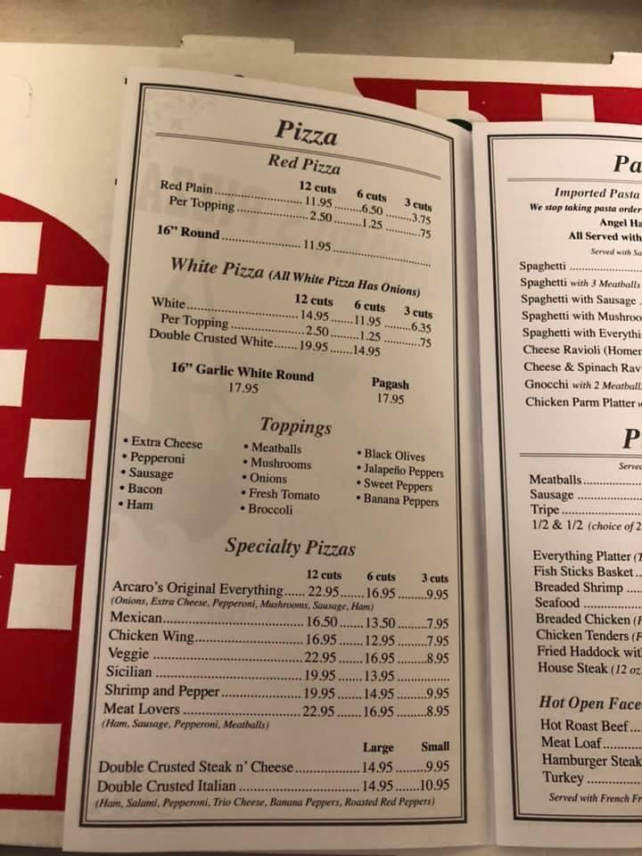 Menu at Arcaro's Pizza restaurant, Scranton, S Main Ave