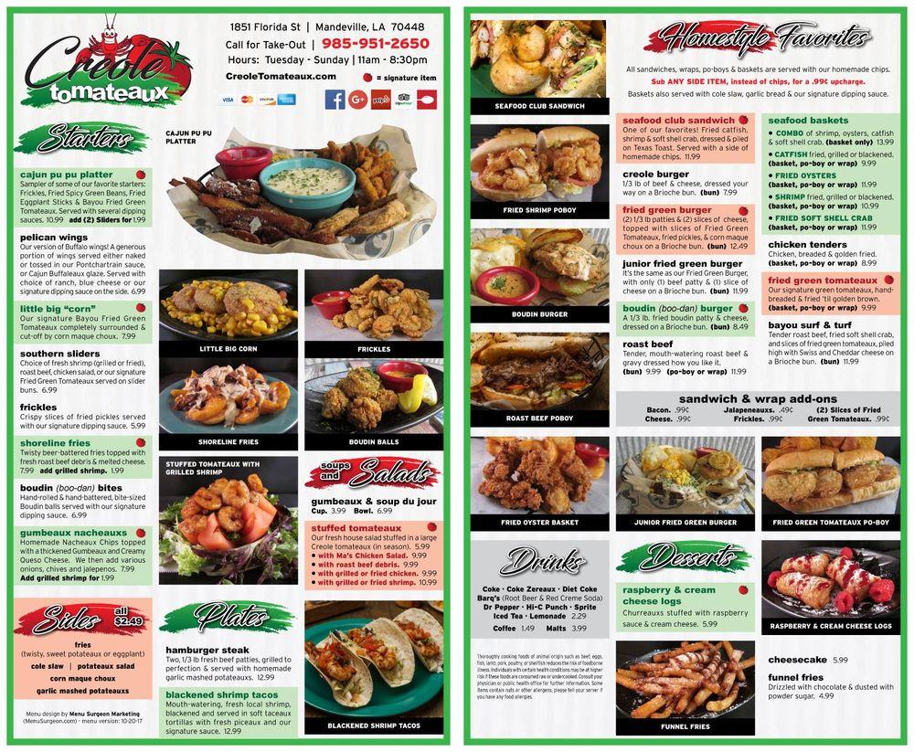 Menu at Creole Tomateaux restaurant, Mandeville, Florida St
