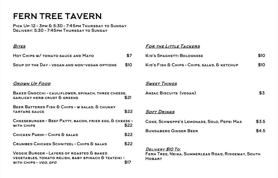 Menu at Fern Tree Tavern cafe, Fern Tree, 680 Huon Rd