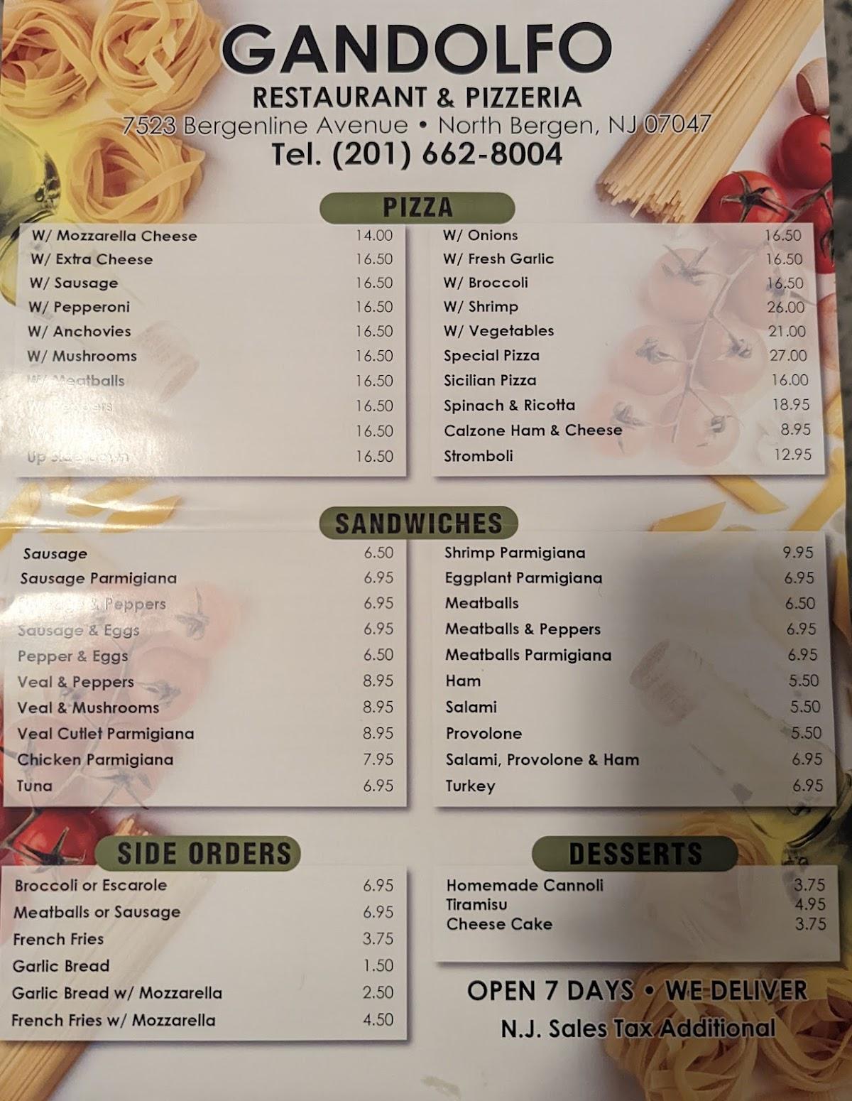 Menu at Gandolfo pizzeria, North Bergen