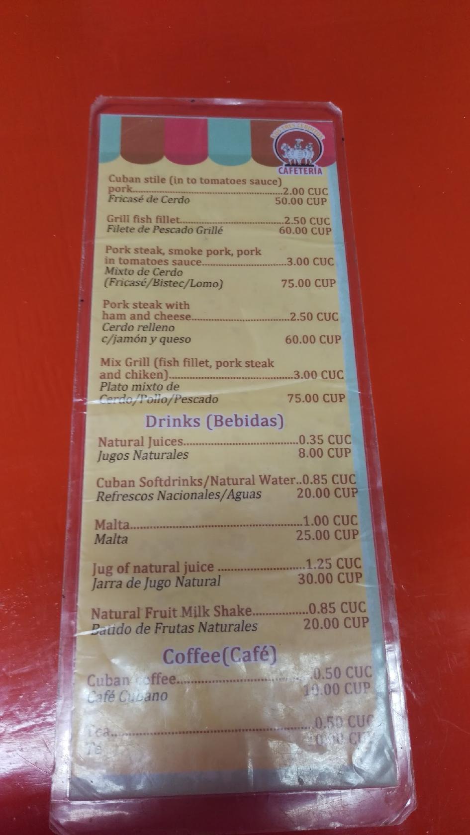 Menu at Los tres Cerditos restaurant, Varadero