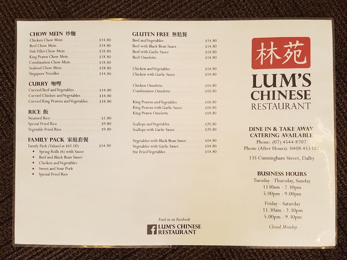 Menu at Lum's Chinese Restaurant, Dalby