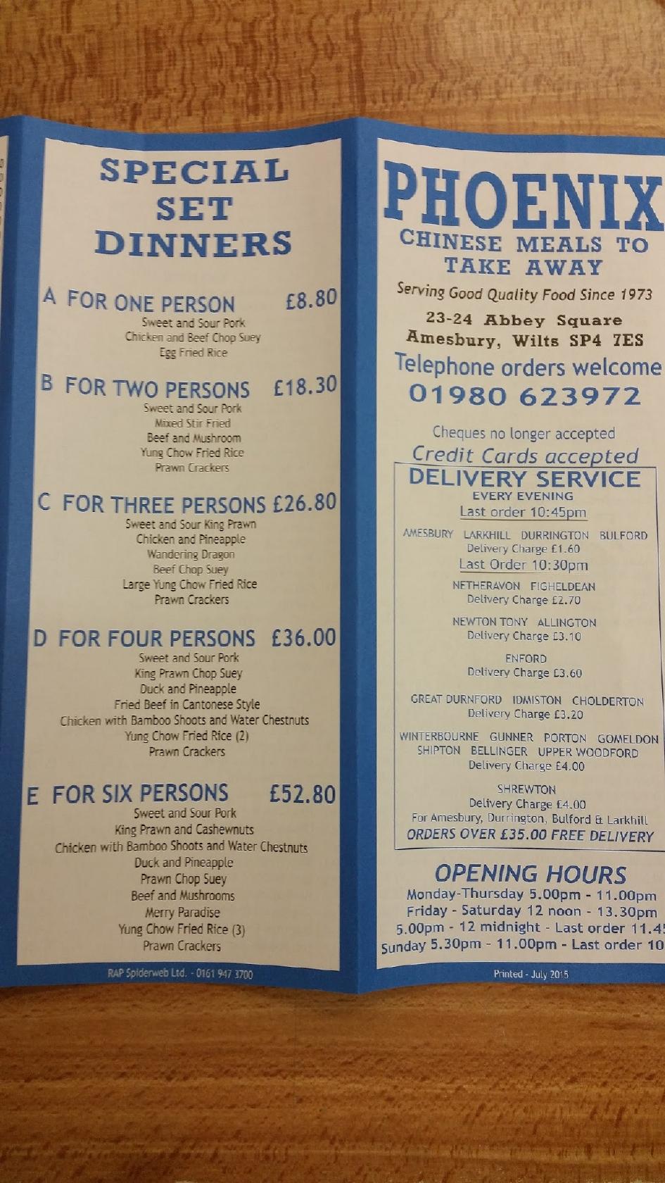 Menu at Phoenix fast food, Amesbury