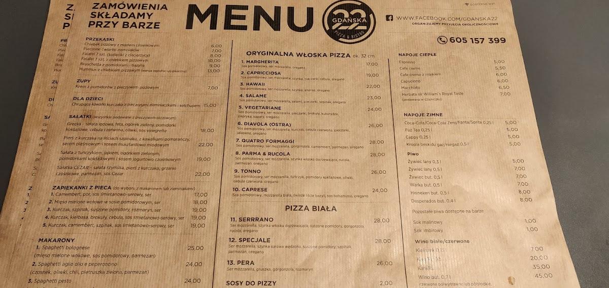 Menu at Pizza & Bistro Gdańska 22 pizzeria, Zabrze