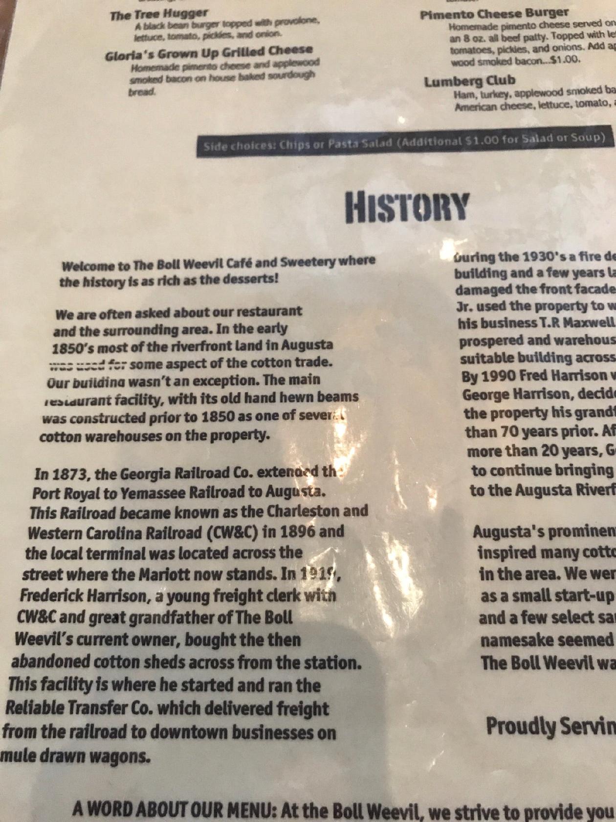 Menu at The Boll Weevil Cafe and Sweetery, Augusta