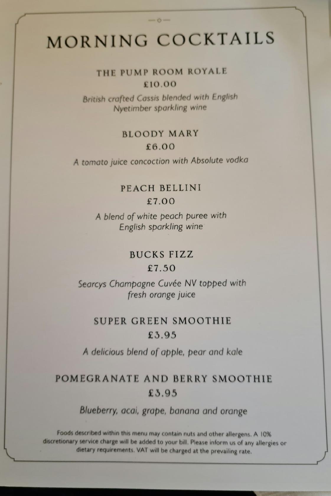 Menu at The Pump Room Restaurant, Bath