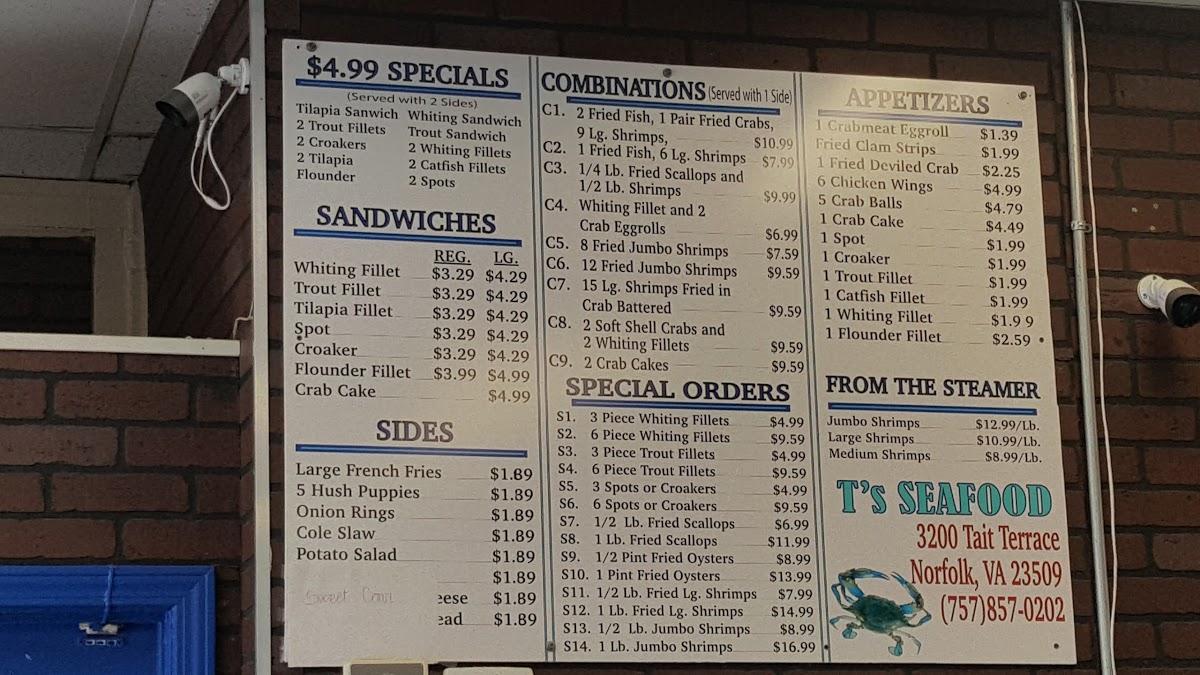 Menu at T's Seafood restaurant, Norfolk