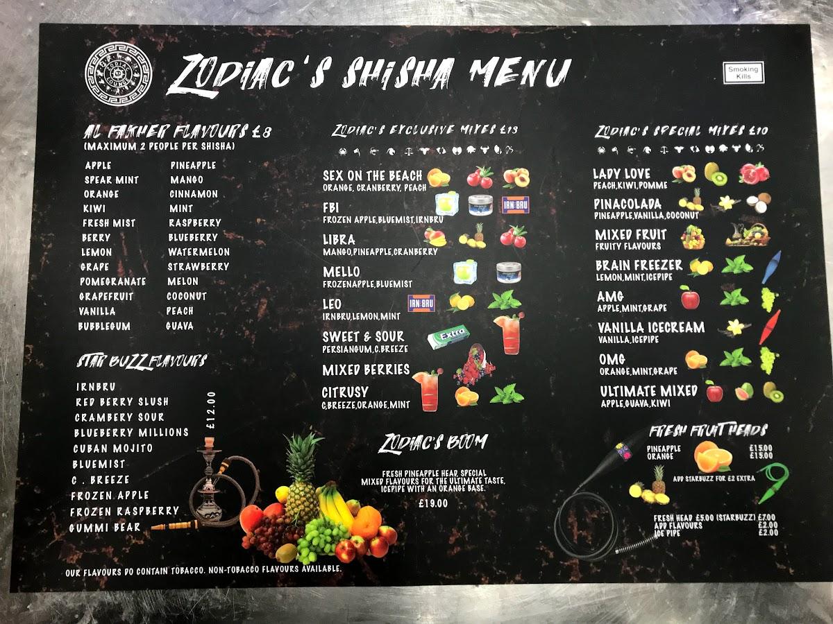 Menu at Zodiac Shisha Lounge pub & bar, Liverpool