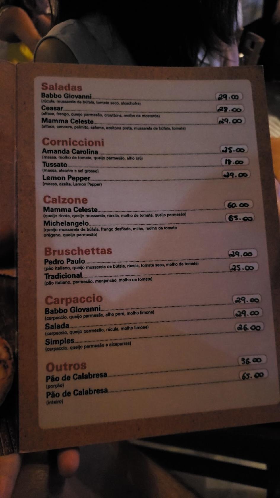 Menu at Babbo Giovanni pizzeria, Cabo Frio, Av. Nilo Peçanha