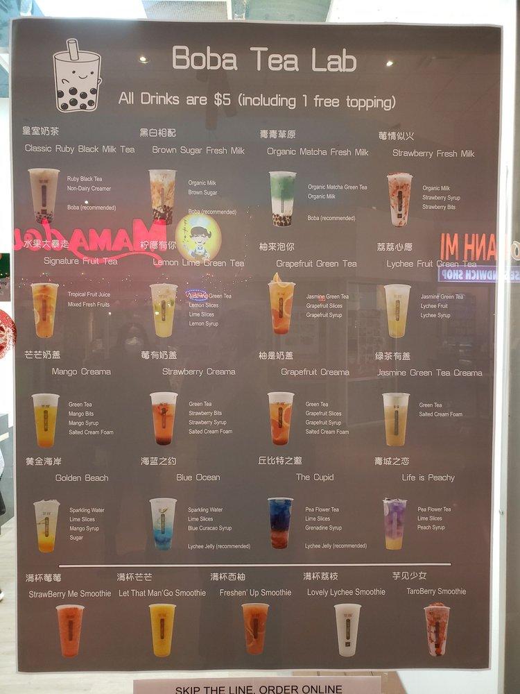 Menu at Boba Tea Lab, Kent