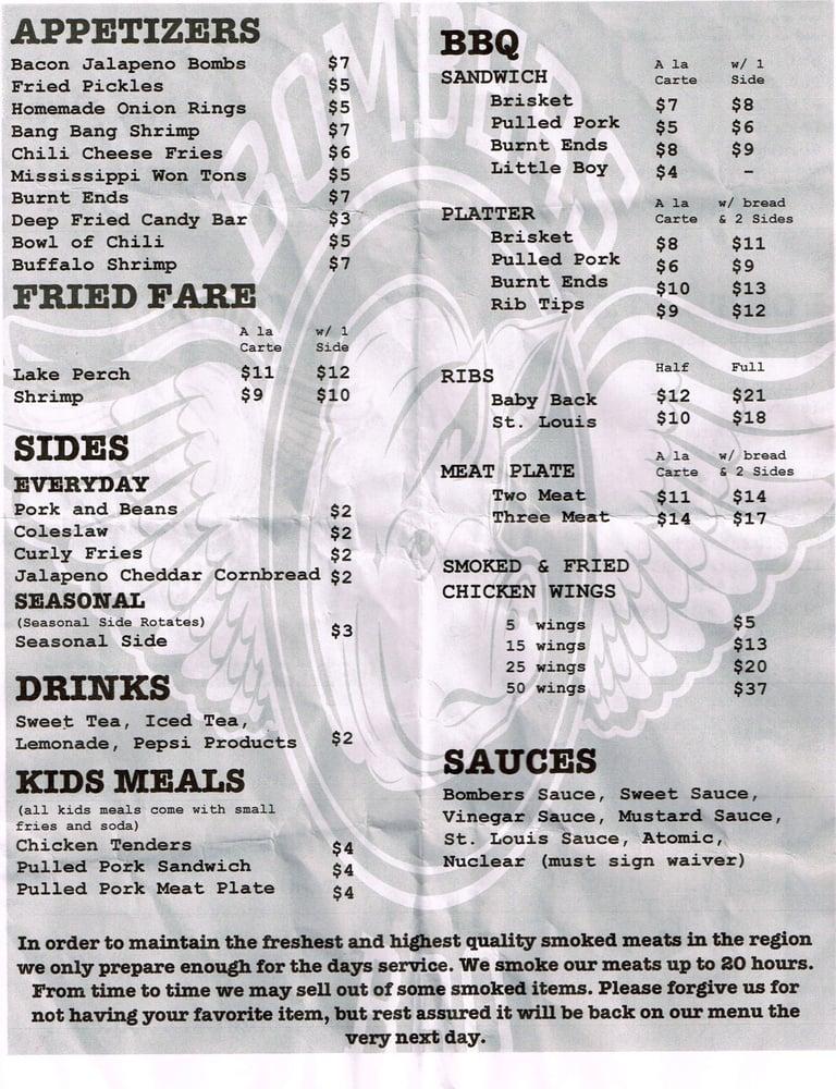 Menu at Bombers BBQ, Munster