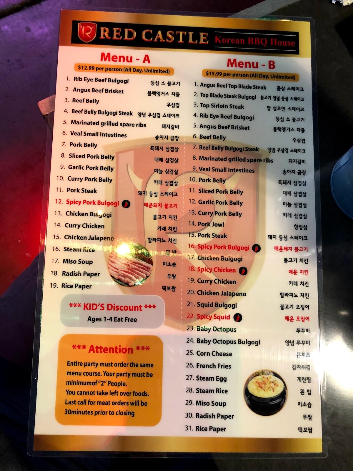 Menu at Red Castle Korean BBQ, Rialto