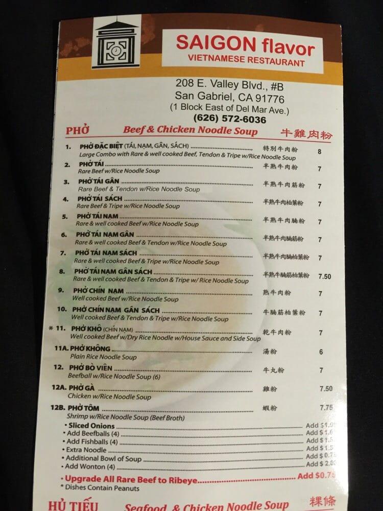 Menu at Saigon Flavor restaurant, San Gabriel, 208 E Valley Blvd
