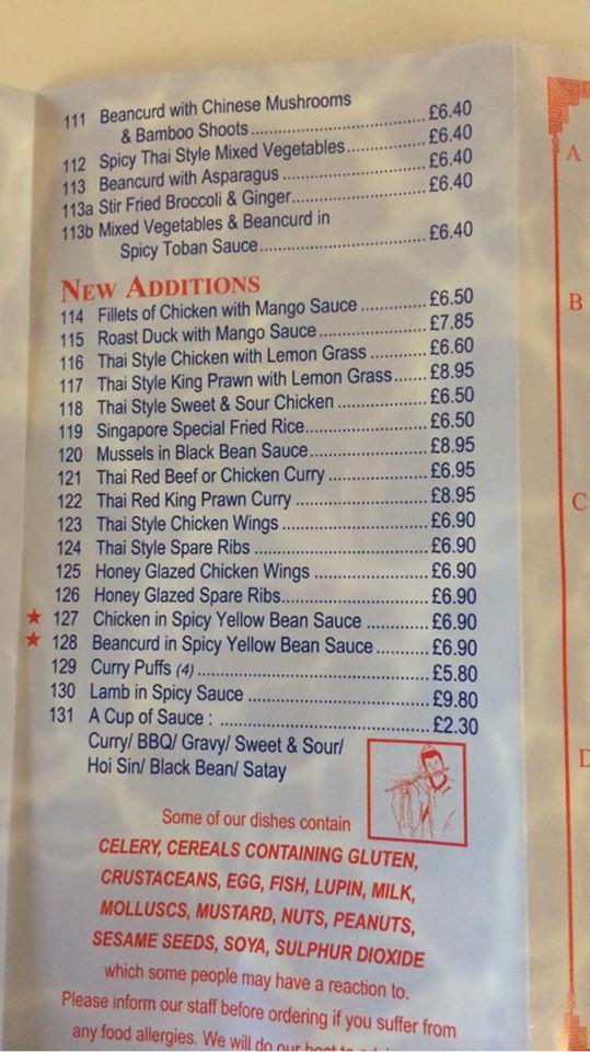 Menu at The Water Margin restaurant, Witney