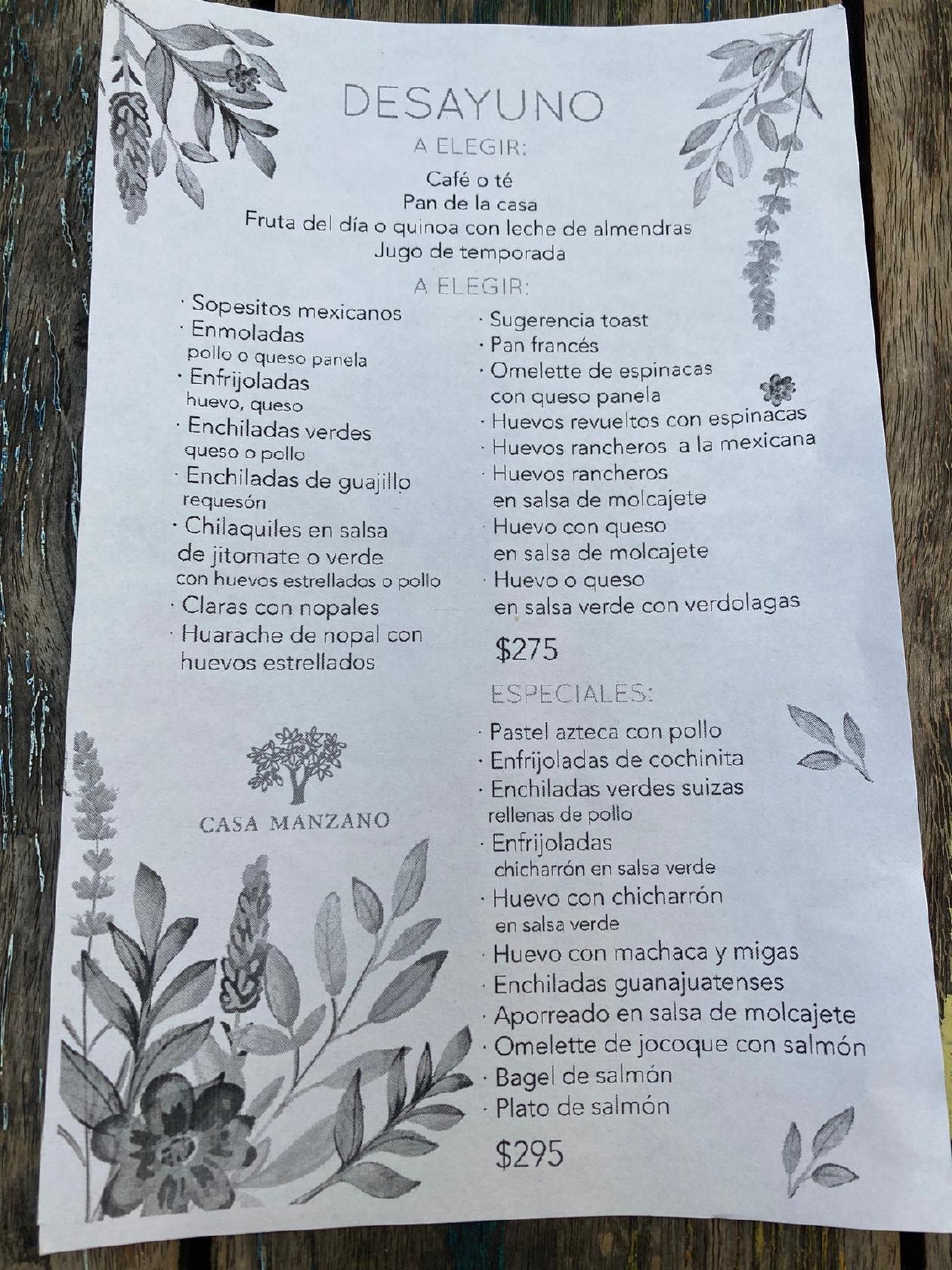 Carta de Restaurante Casa Manzano, Cuernavaca, Av Teopanzolco 400