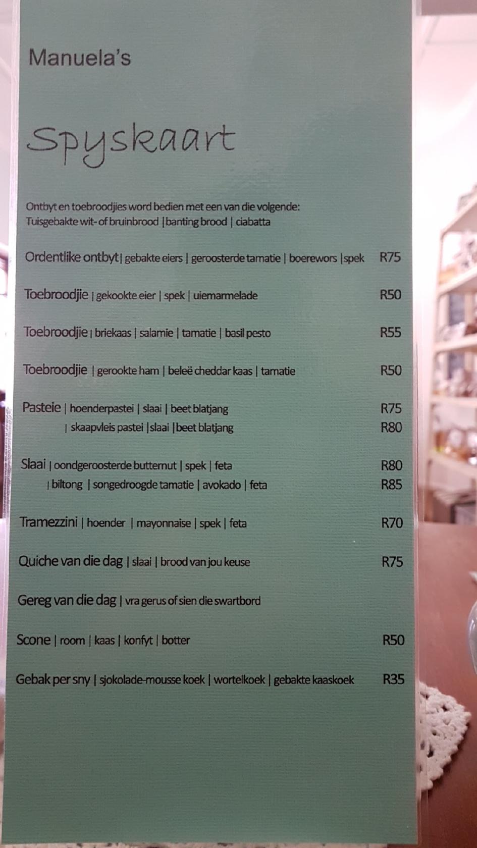 Menu at Manuela's Coffee & Gift Shop restaurant, Vredendal