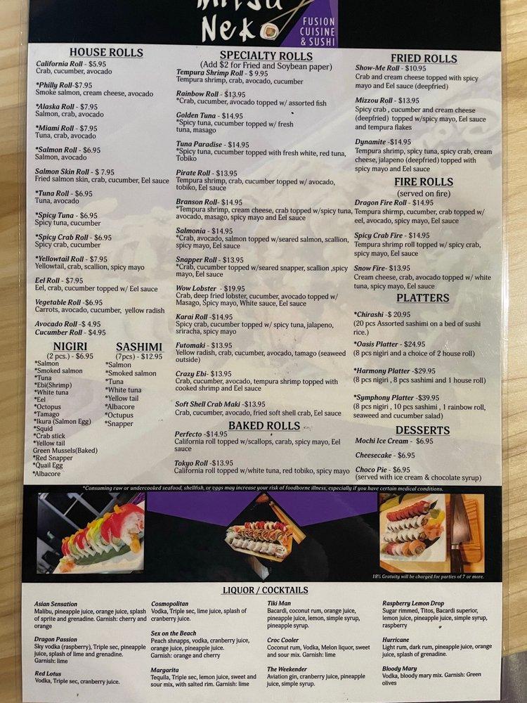 Menu at Mitsu Neko Fusion Cuisine & Sushi restaurant, Branson