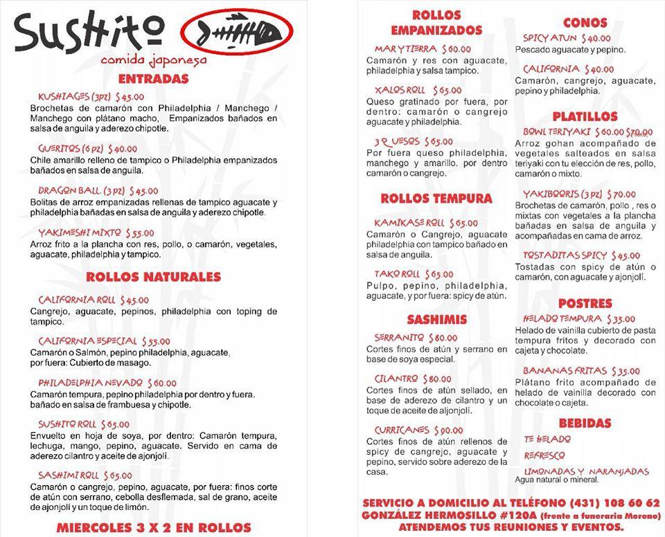 Menu at Sushito restaurant, Jalostotitlán