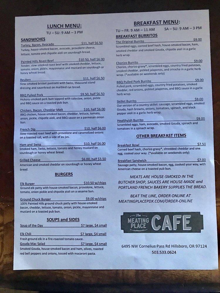 Menu at The Meating Place Cafe, Hillsboro