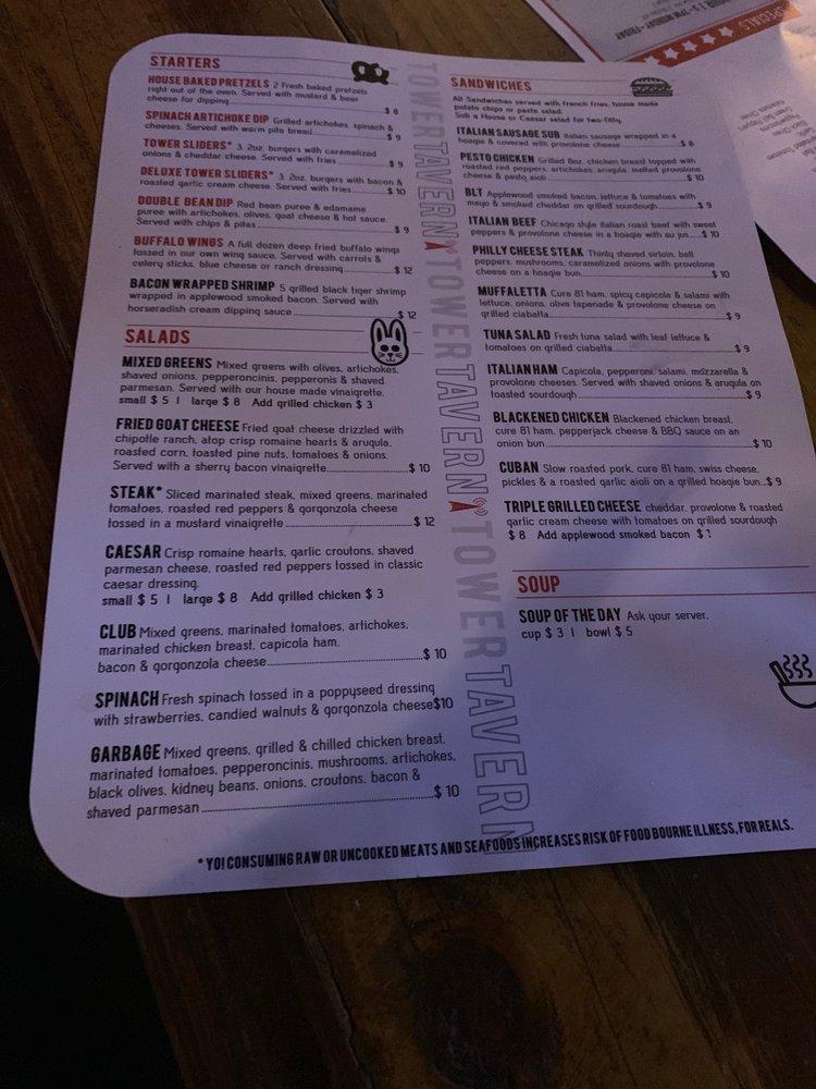 Menu at Tower Tavern pub & bar, Kansas City