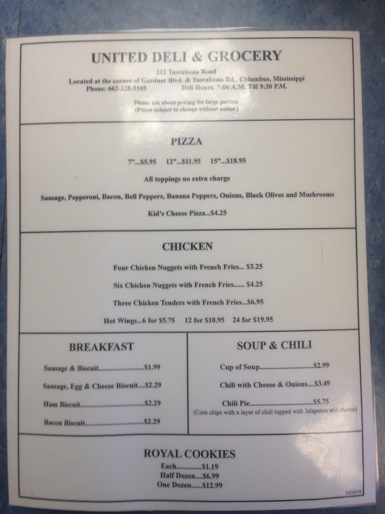 Menu at United Deli & Grocery restaurant, Columbus
