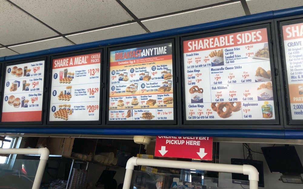 Menu at White Castle fast food, Chicago, 7550 N Harlem Ave