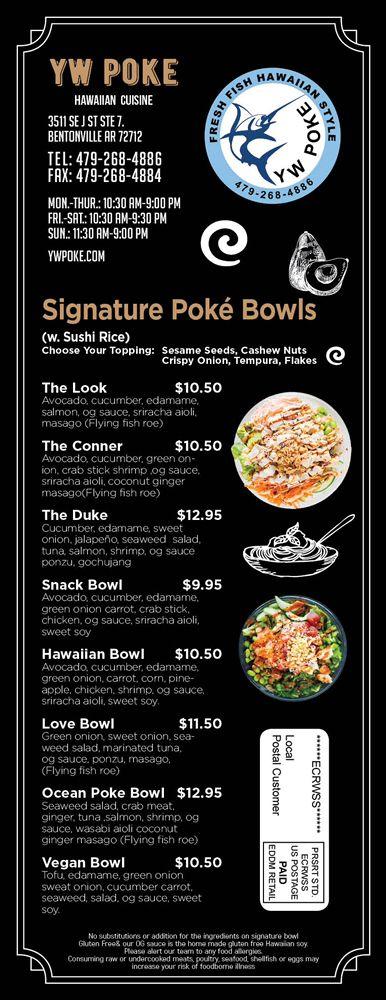 Menu at YW POKE restaurant, Bentonville
